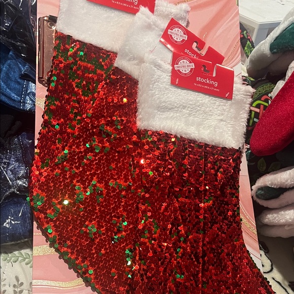 christmas house | Holiday | 3 Red And Green Sequin Christmas Stocking ...